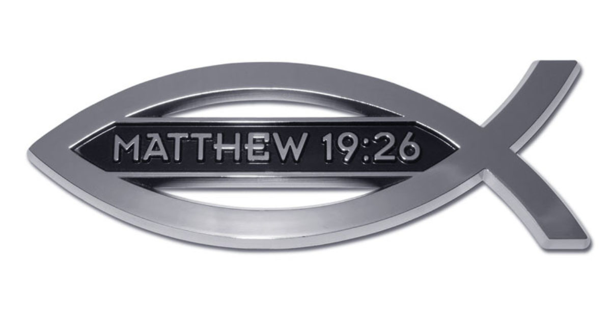 Christian Fish Matthew 19:26 Chrome Emblem | Elektroplate