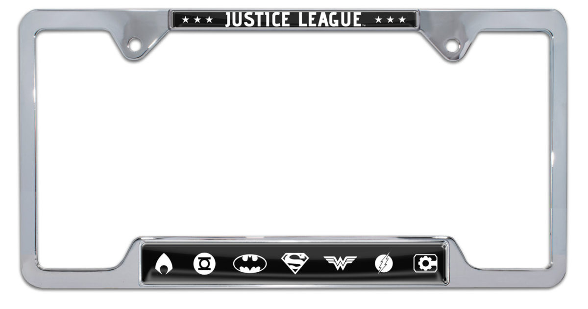 Justice League B&W Open Chrome License Plate Frame | Elektroplate