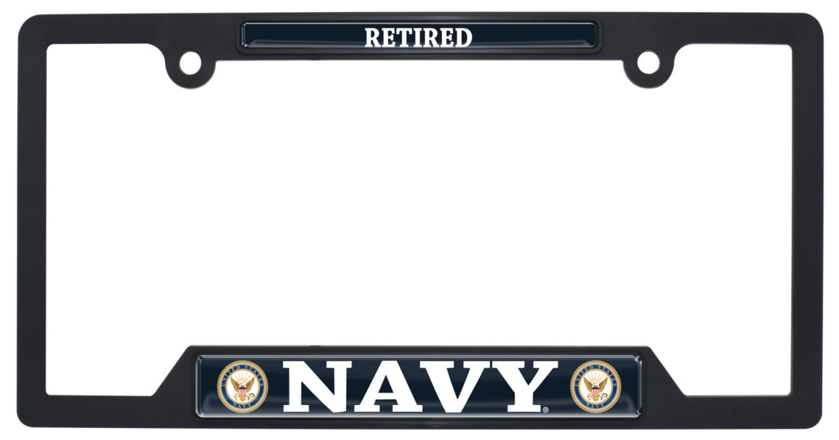 Navy Retired Black Plastic Open License Plate Frame | Elektroplate